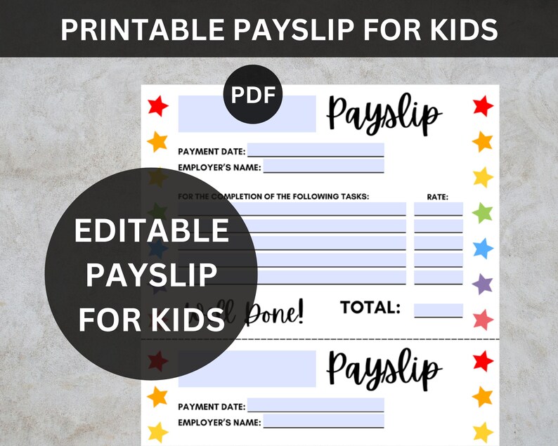 Editable Payslip for Kids, Printable Kids Paycheck, Chore Chart for Kid ...