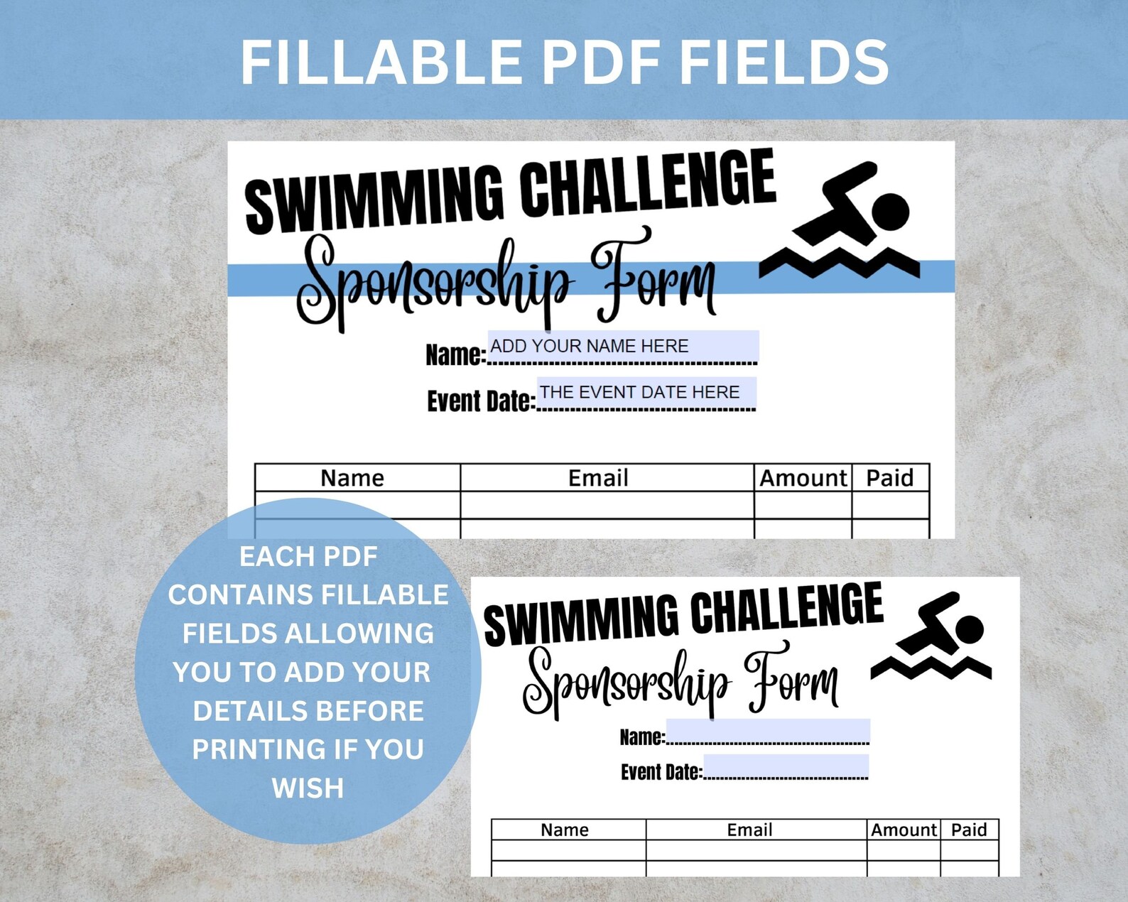 Swimming Challenge Printable Sponsorship Form Printable PDF Download - Etsy