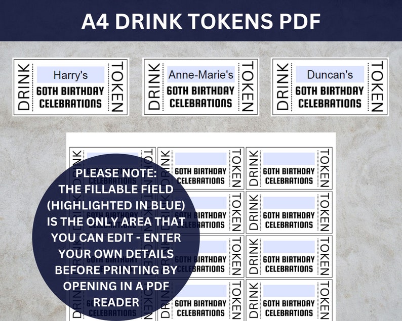 Editable 60th Birthday Drink Tokens, Printable Birthday Drink Tokens ...