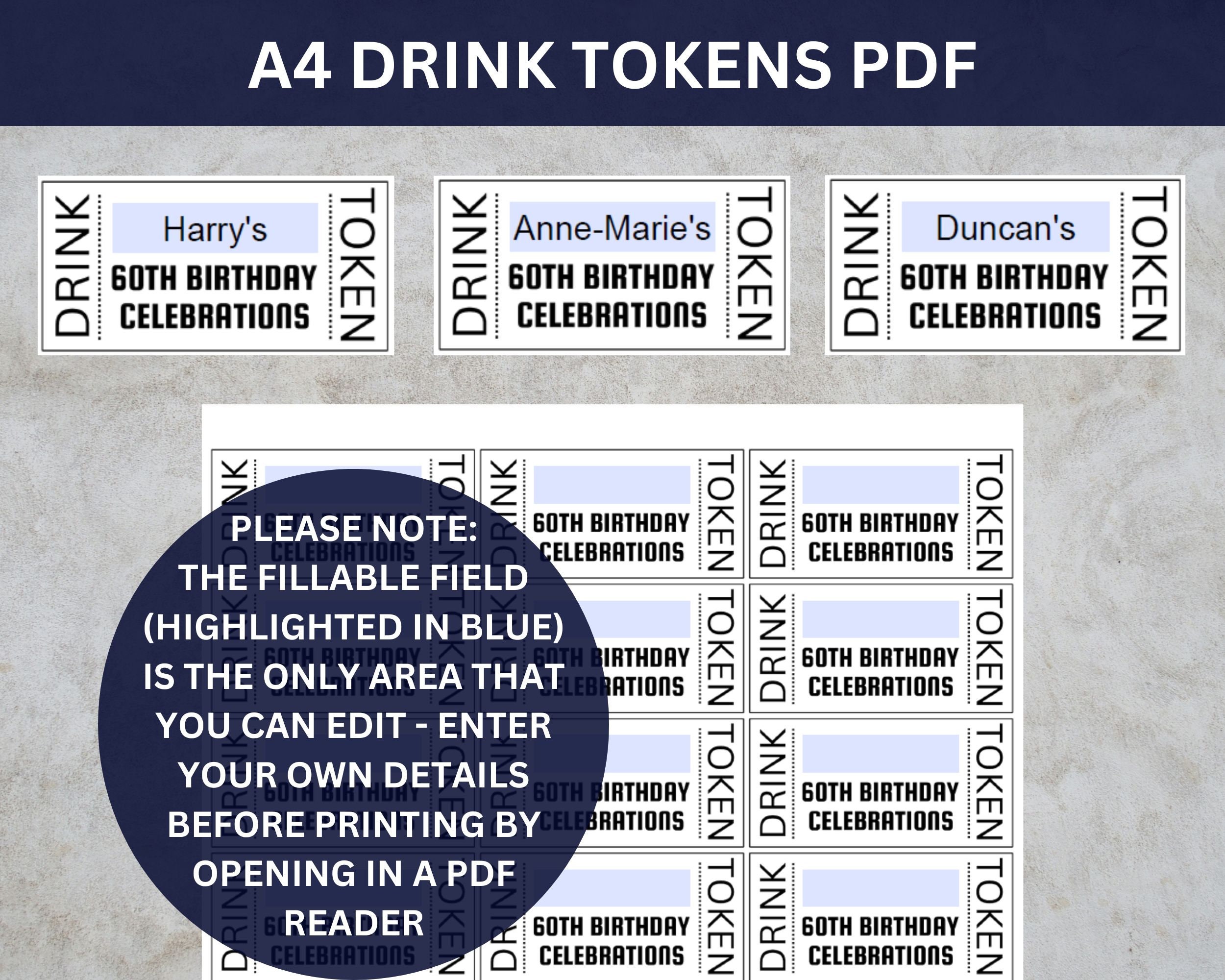 Editable 60th Birthday Drink Tokens, Printable Birthday Drink Tokens ...