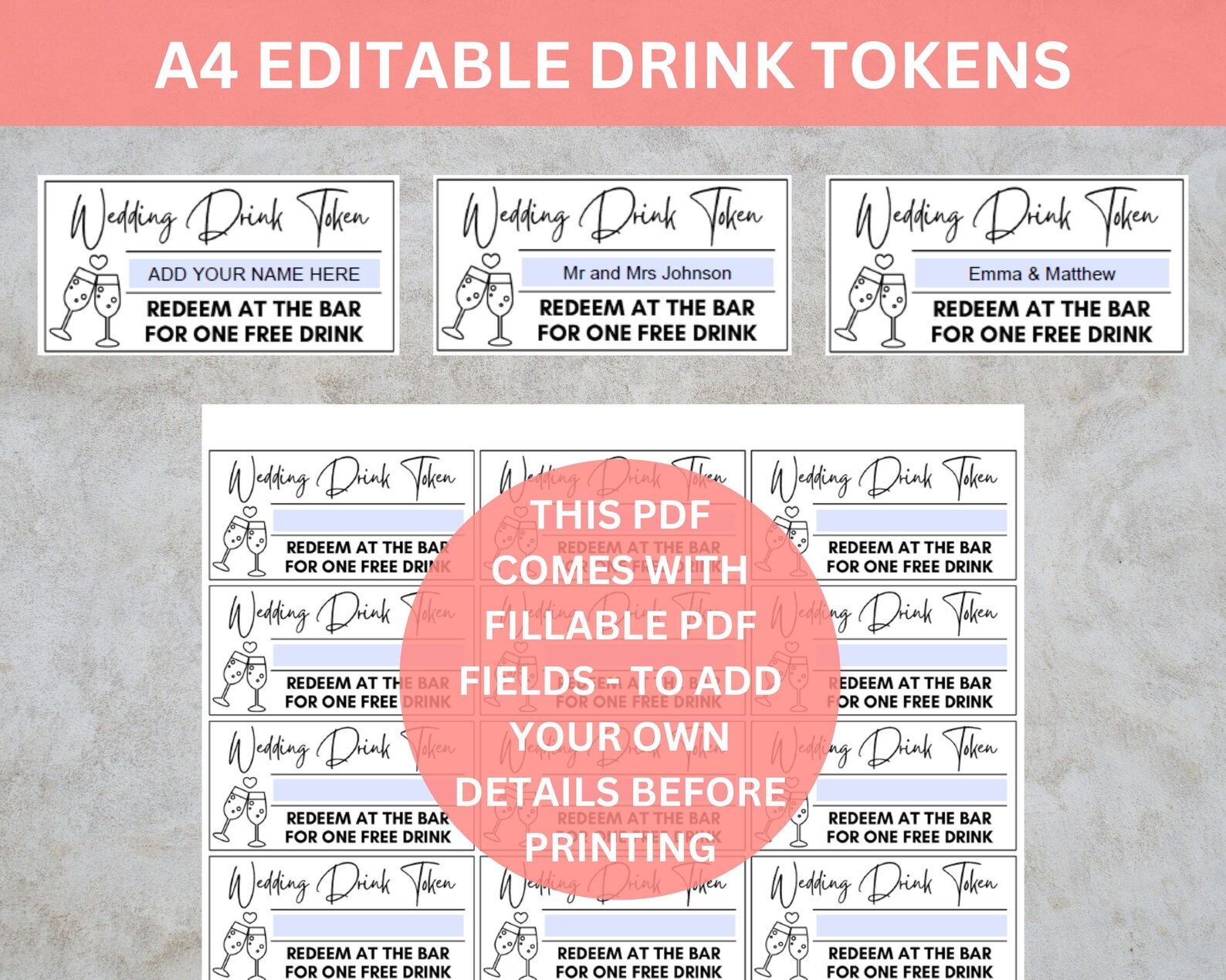 Editable Wedding Drink Tokens, Wedding Drink Tickets, Customisable ...