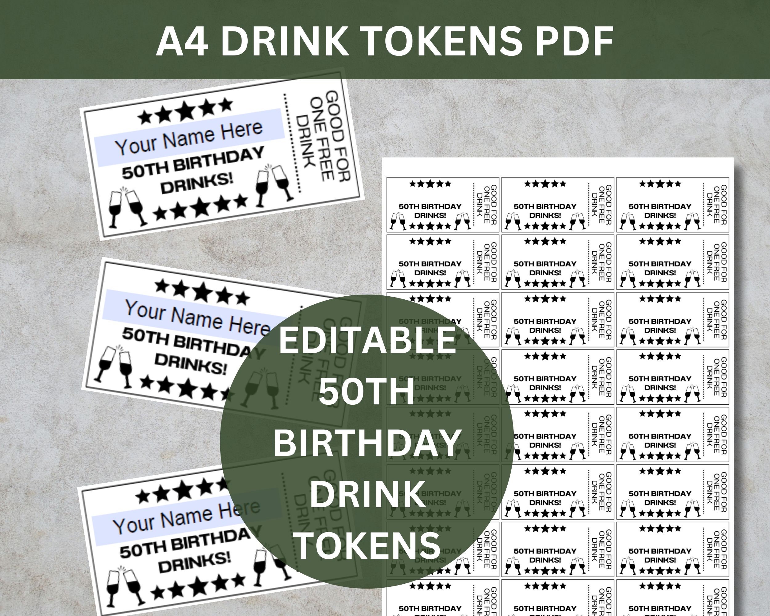 Editable 50th Birthday Drink Tokens, Printable Birthday Drink Tokens ...