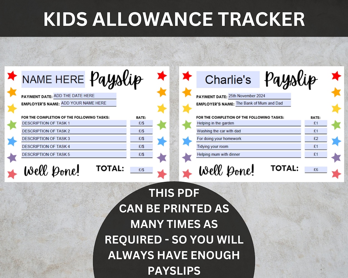 Editable Payslip for Kids, Printable Kids Paycheck, Chore Chart for Kid ...