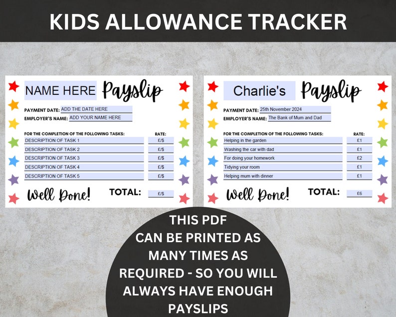 Editable Payslip for Kids, Printable Kids Paycheck, Chore Chart for Kid ...