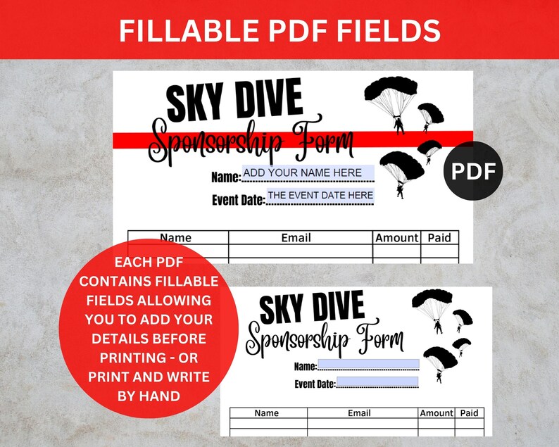 Sky Dive Printable Sponsorship Form - Printable PDF Download - Etsy