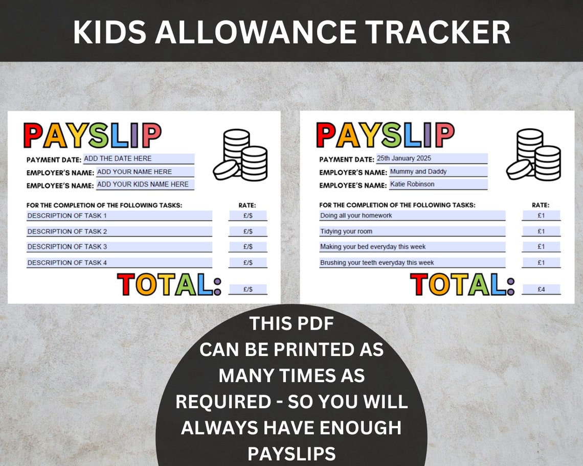 Editable Payslip for Kids, Printable Kids Pay Cheque, Chore Chart for ...