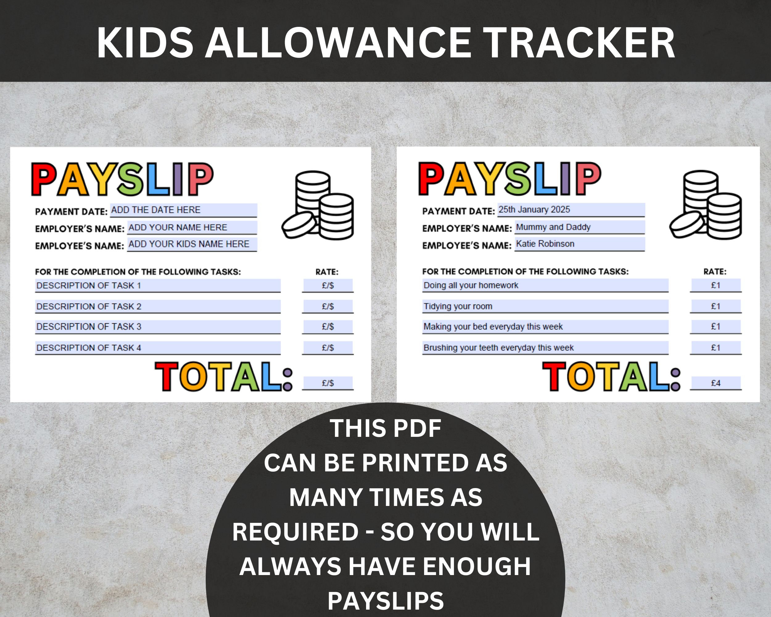 Editable Payslip for Kids, Printable Kids Pay Cheque, Chore Chart for ...