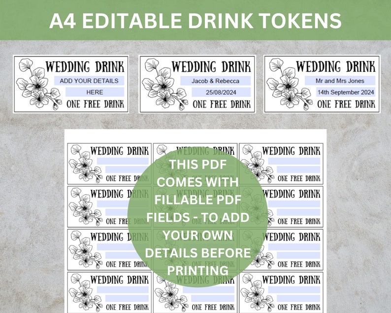 Editable Wedding Drink Tokens, Wedding Drink Ticket, Customisable ...
