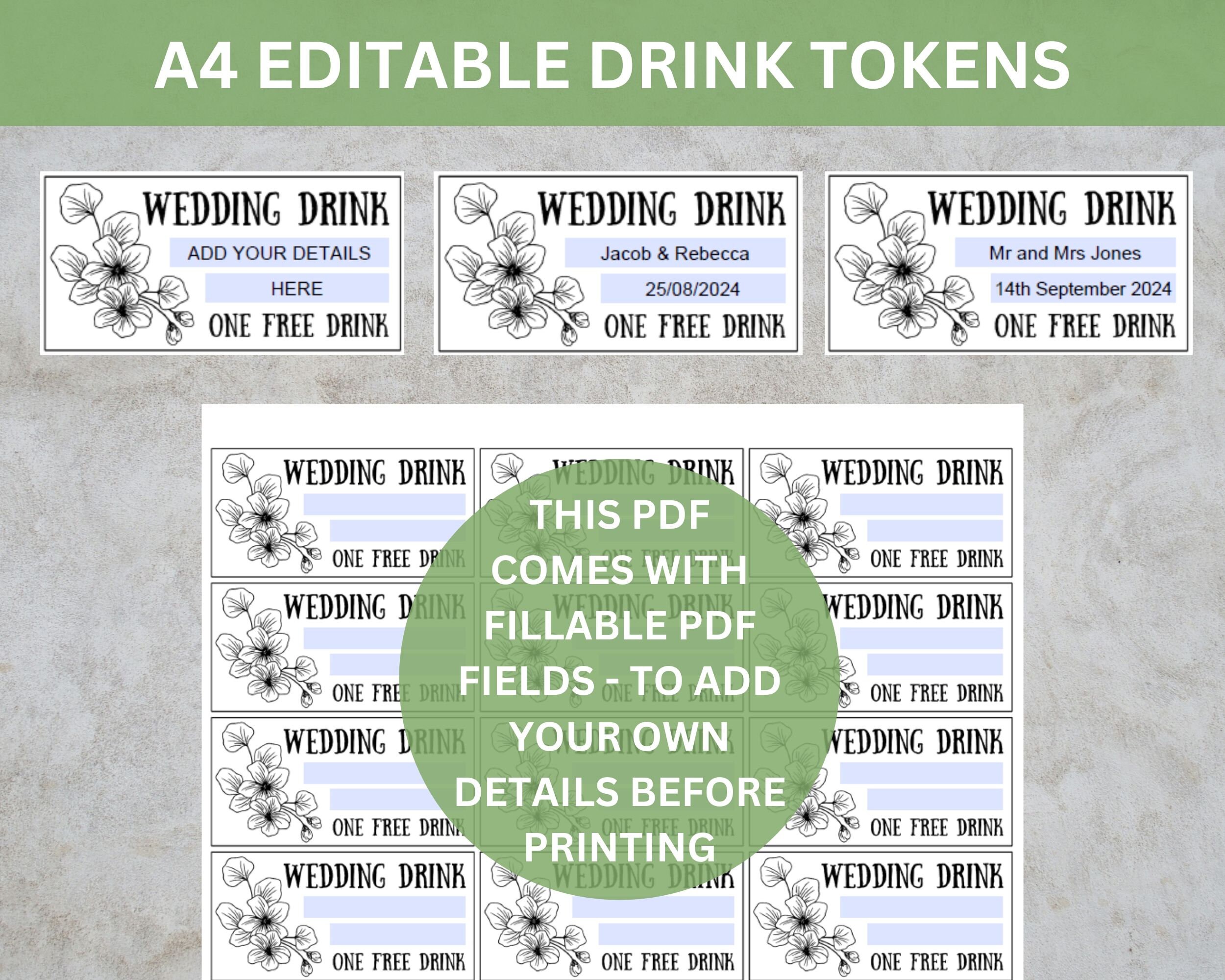 Editable Wedding Drink Tokens: Printable PDF Template - Etsy