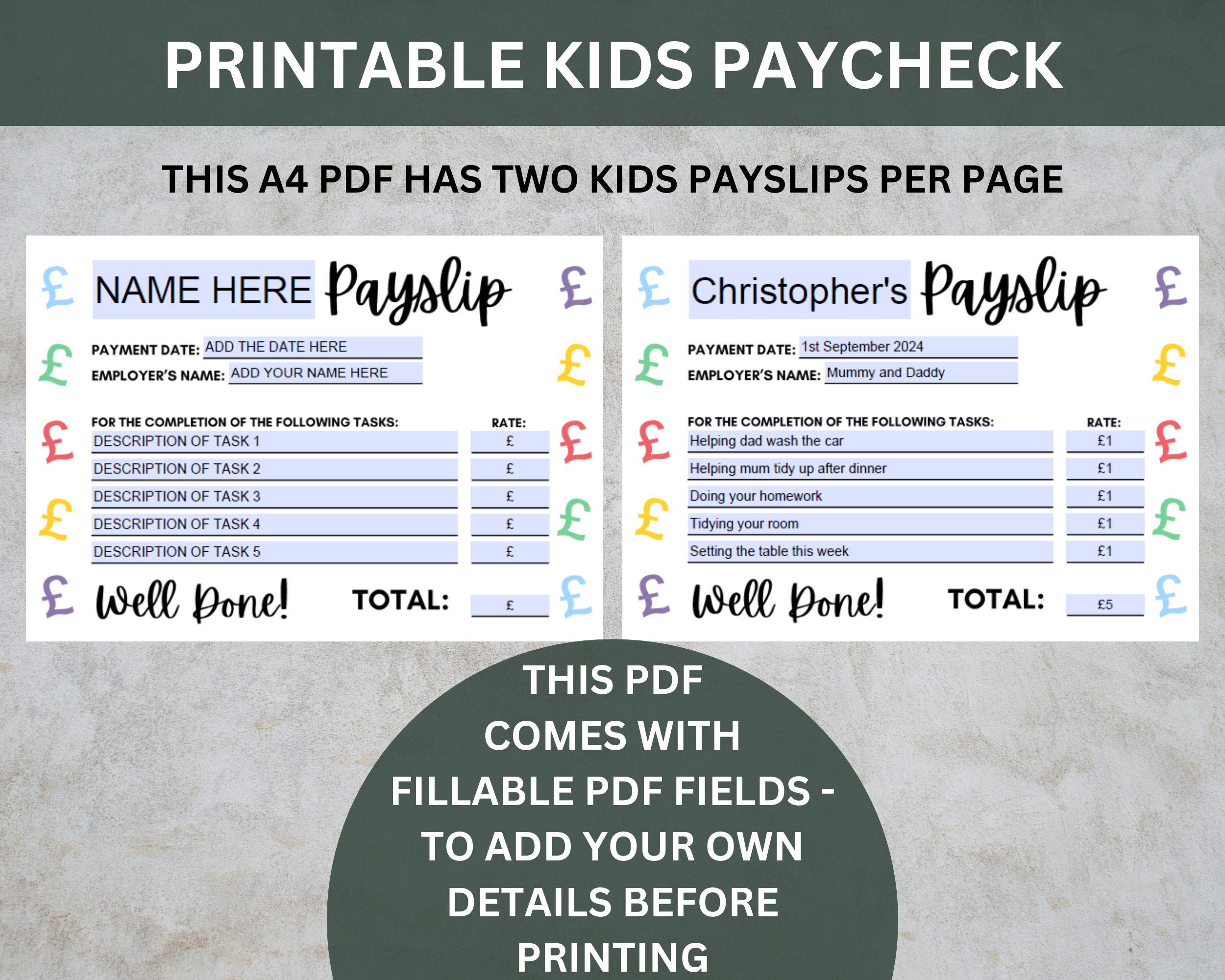 Editable Payslip for Kids, Printable Kids Pay Cheque, Chore Chart for ...