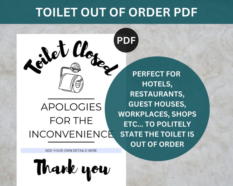 Restroom Closed Printable Sign, Toilet Out of Order PDF - A4 Bathroom ...