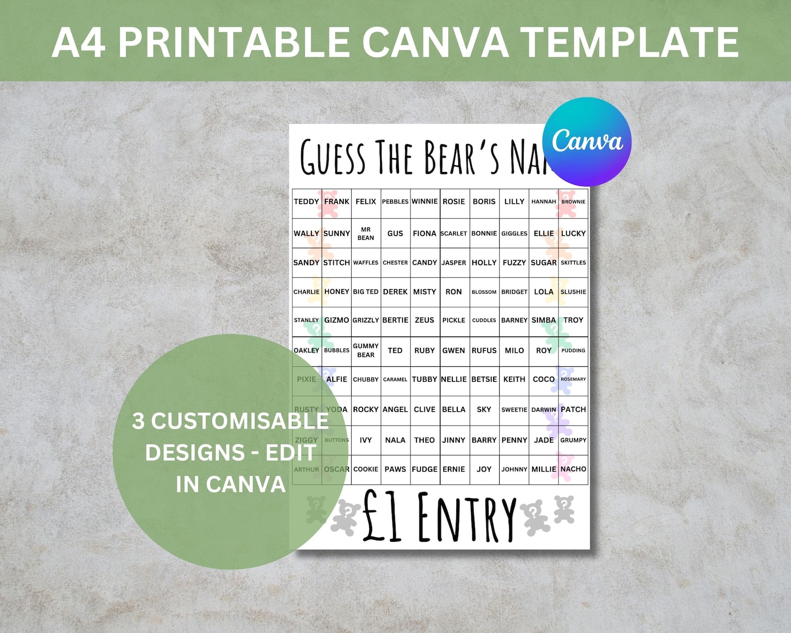 Charity Fundraising Game, Guess the Bear's Name Canva Template, Guess ...