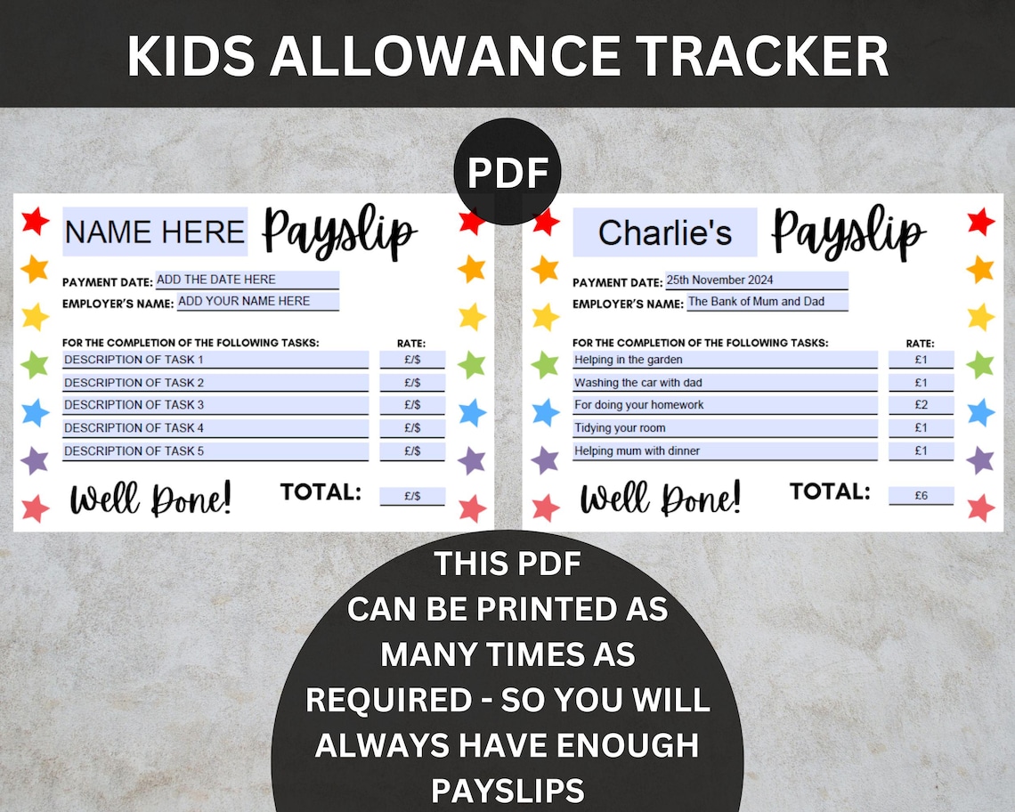 Editable Payslip for Kids, Printable Kids Paycheck, Chore Chart for Kid ...