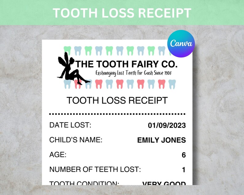 Printable Tooth Loss Receipt From the Tooth Fairy, Lost Tooth Receipt ...
