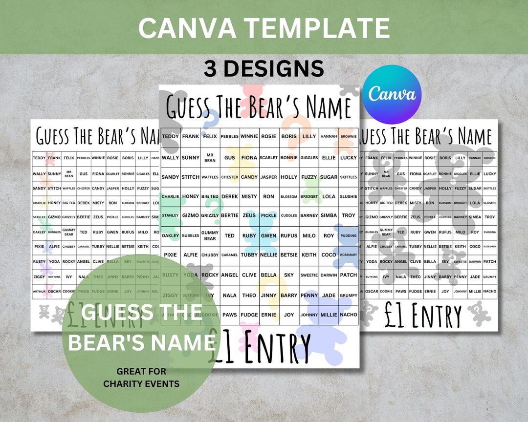 Charity Fundraising Game, Guess the Bear's Name Canva Template, Guess ...