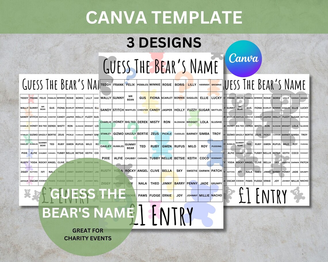 Charity Fundraising Game Guess the Bear's Name Canva - Etsy