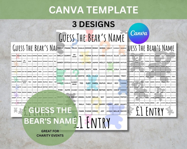 Charity Fundraising Game, Guess the Bear's Name Canva Template, Guess ...