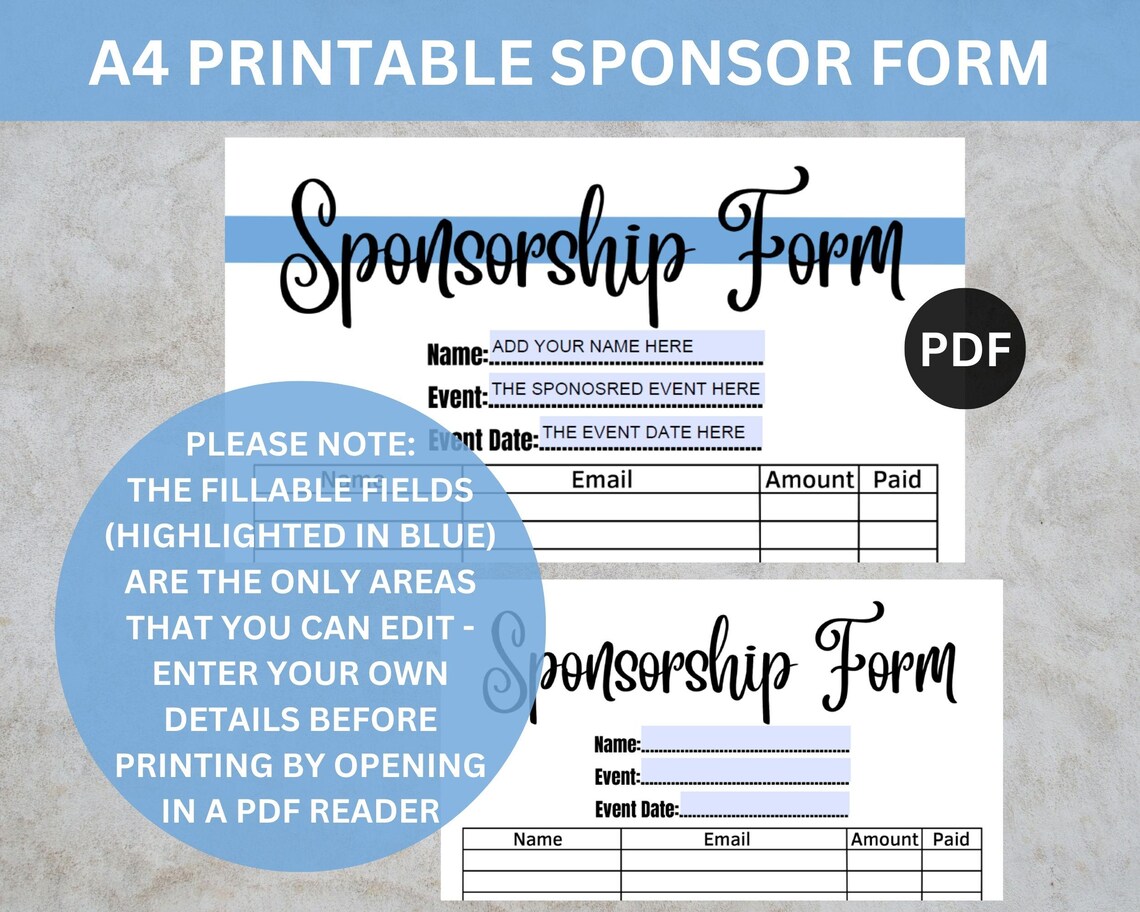 Sponsorship Form, Printable Charity Sponsorship Form, Fundraising ...