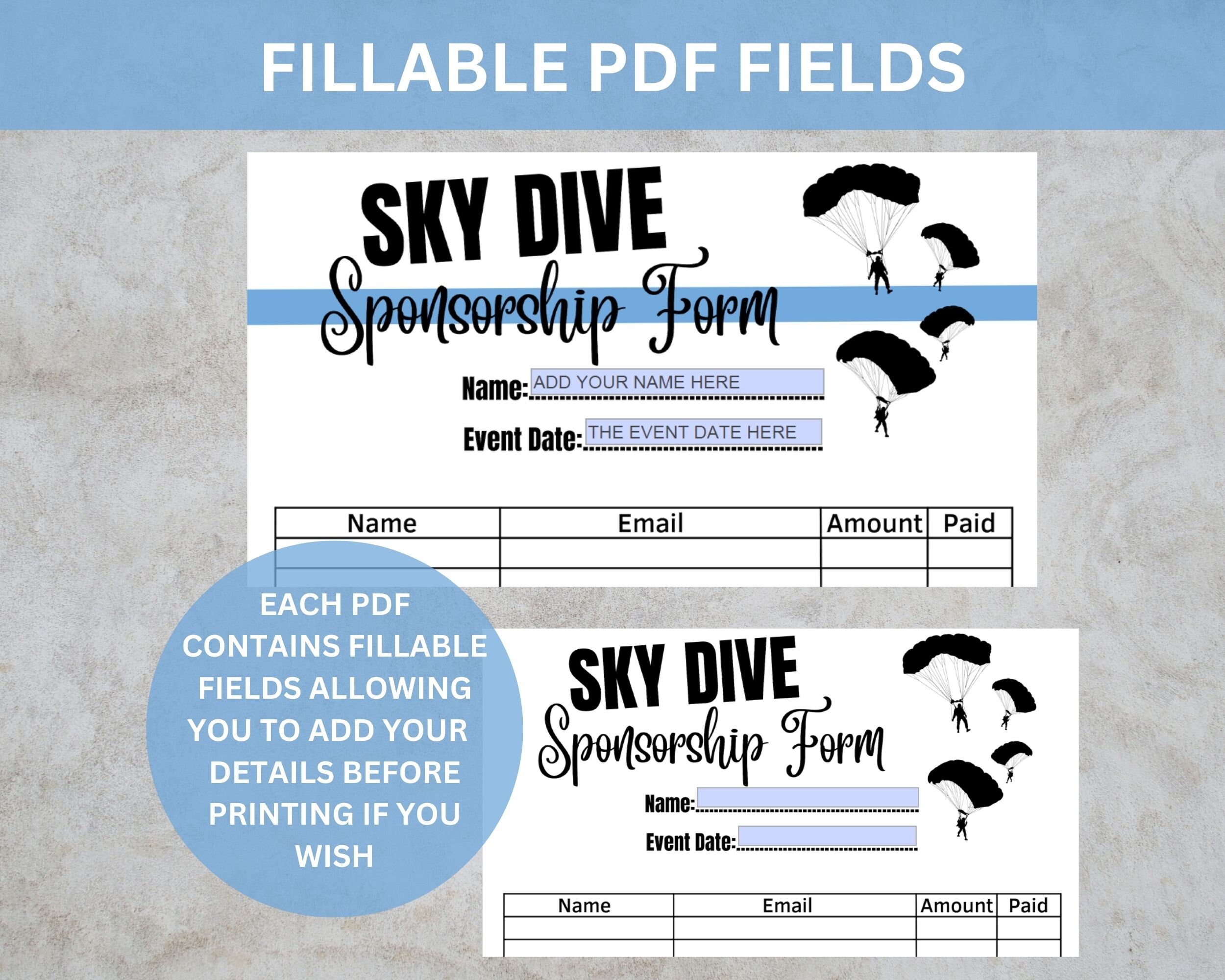 Sky Dive Printable Sponsorship Form Printable PDF Download - Etsy UK