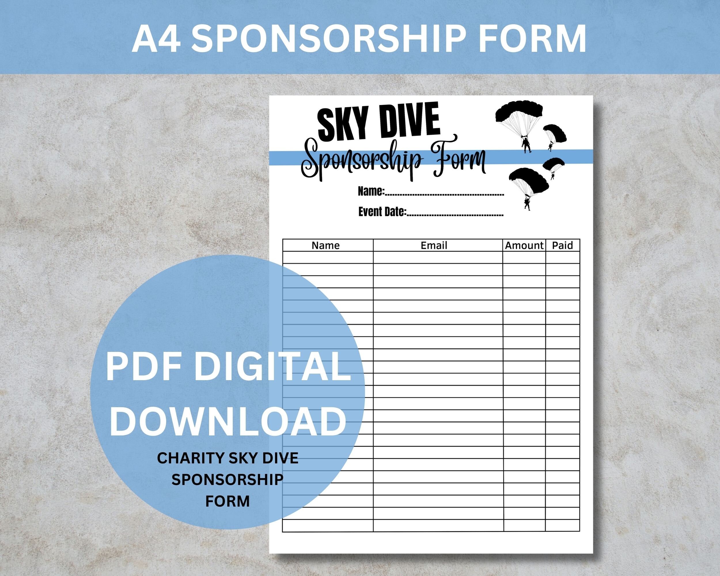 Sky Dive Printable Sponsorship Form Printable PDF Download - Etsy