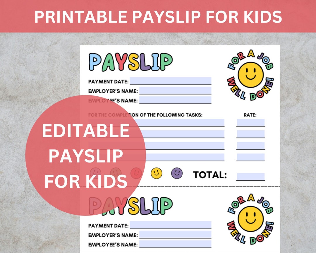 Editable Payslip for Kids, Printable Kids Paycheck, Kids Reward System ...