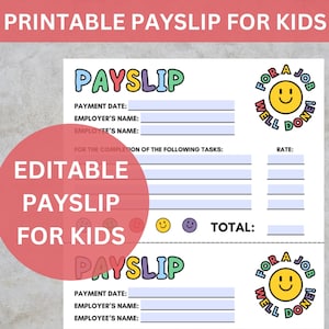 Editable Payslip for Kids, Printable Kids Paycheck, Kids Reward System ...