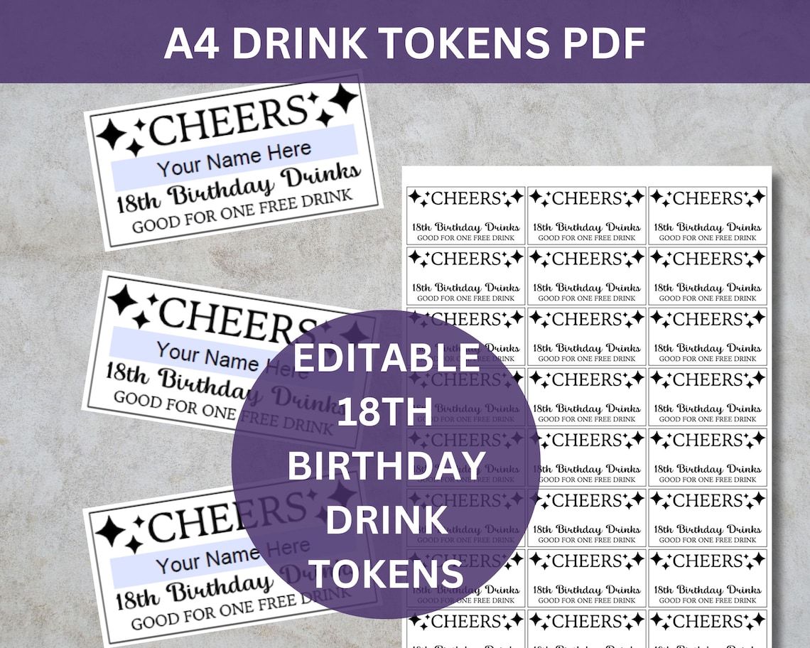 18th Birthday Drink Token - Printable Bar Voucher (editable PDF Party ...