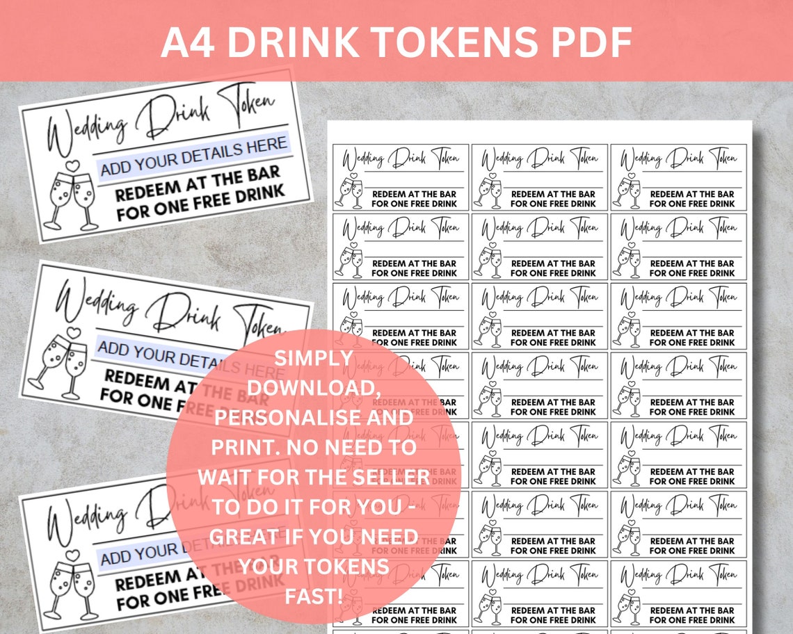 Editable Wedding Drink Tokens, Wedding Drink Tickets, Customisable ...