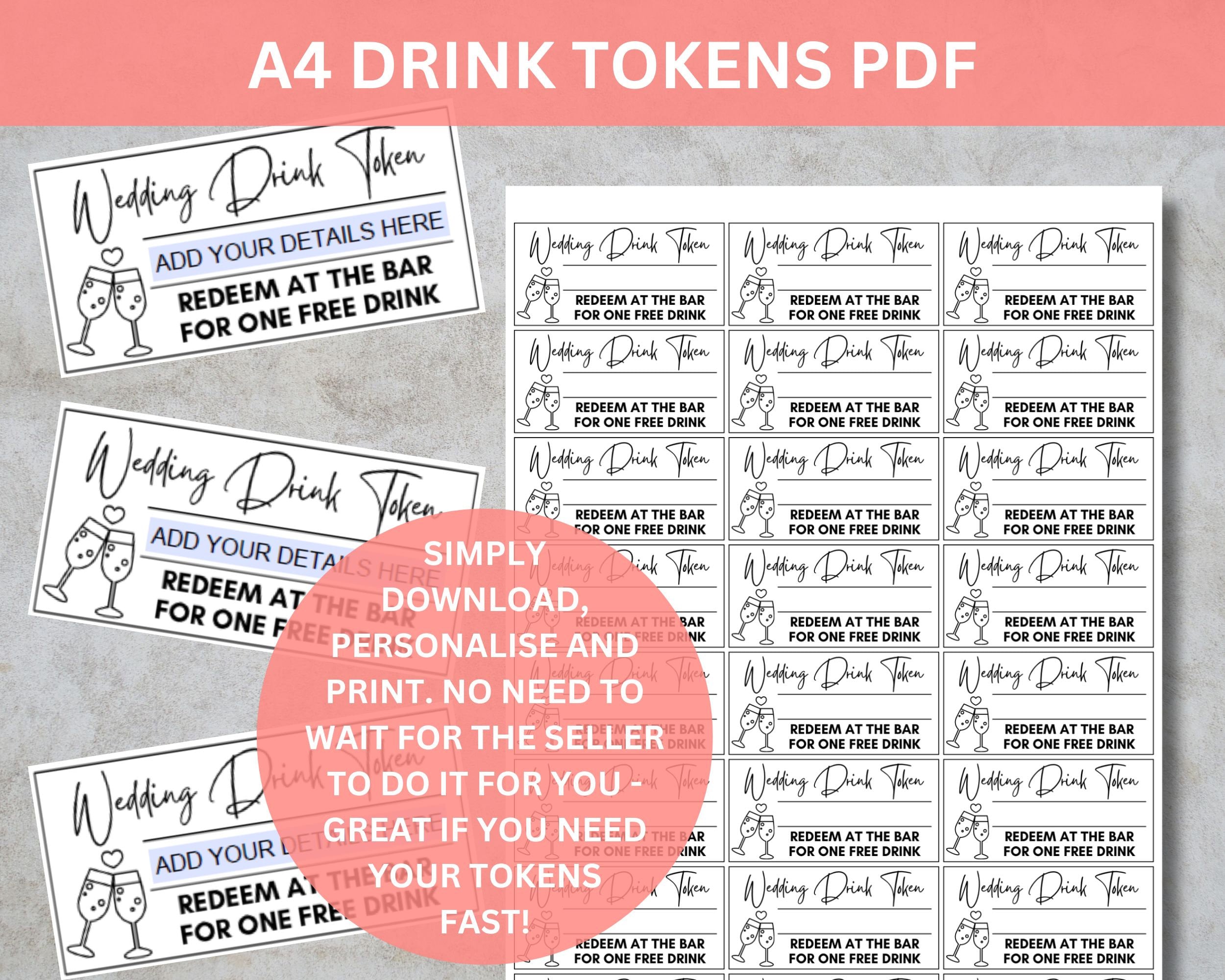 Editable Wedding Drink Tokens, Wedding Drink Tickets, Customisable ...