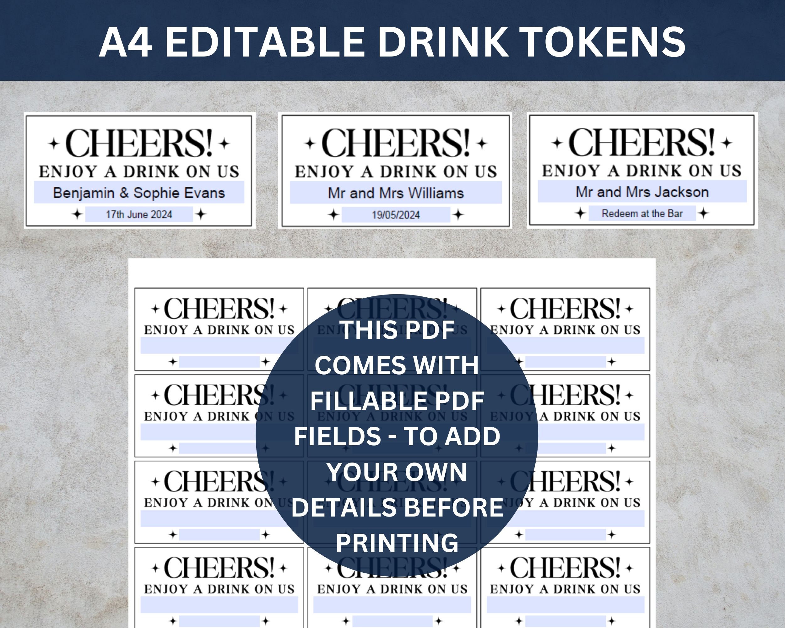 Editable Wedding Drink Tokens, Wedding Bar Tickets, Customisable ...