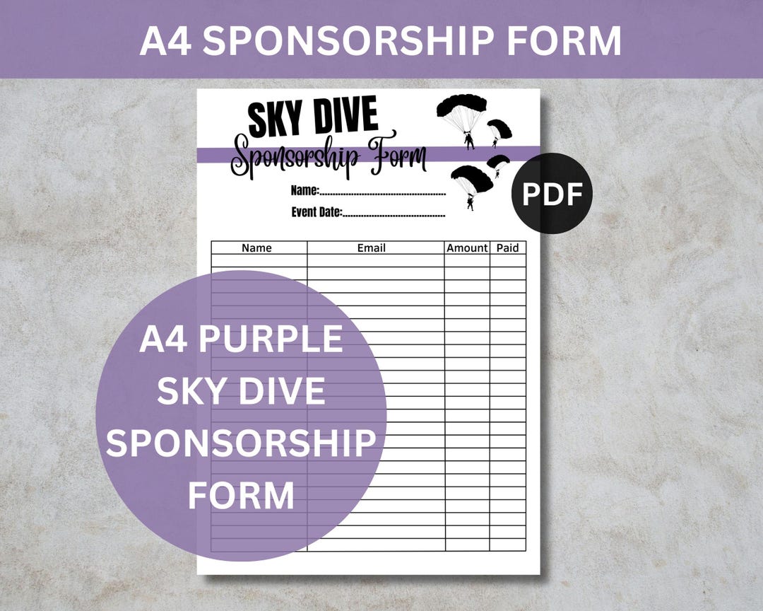 Sky Dive Printable Sponsorship Form, A4 Sponsor Form, Charity ...