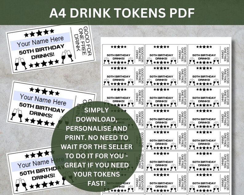 Editable 50th Birthday Drink Tokens, Printable Birthday Drink Tokens ...