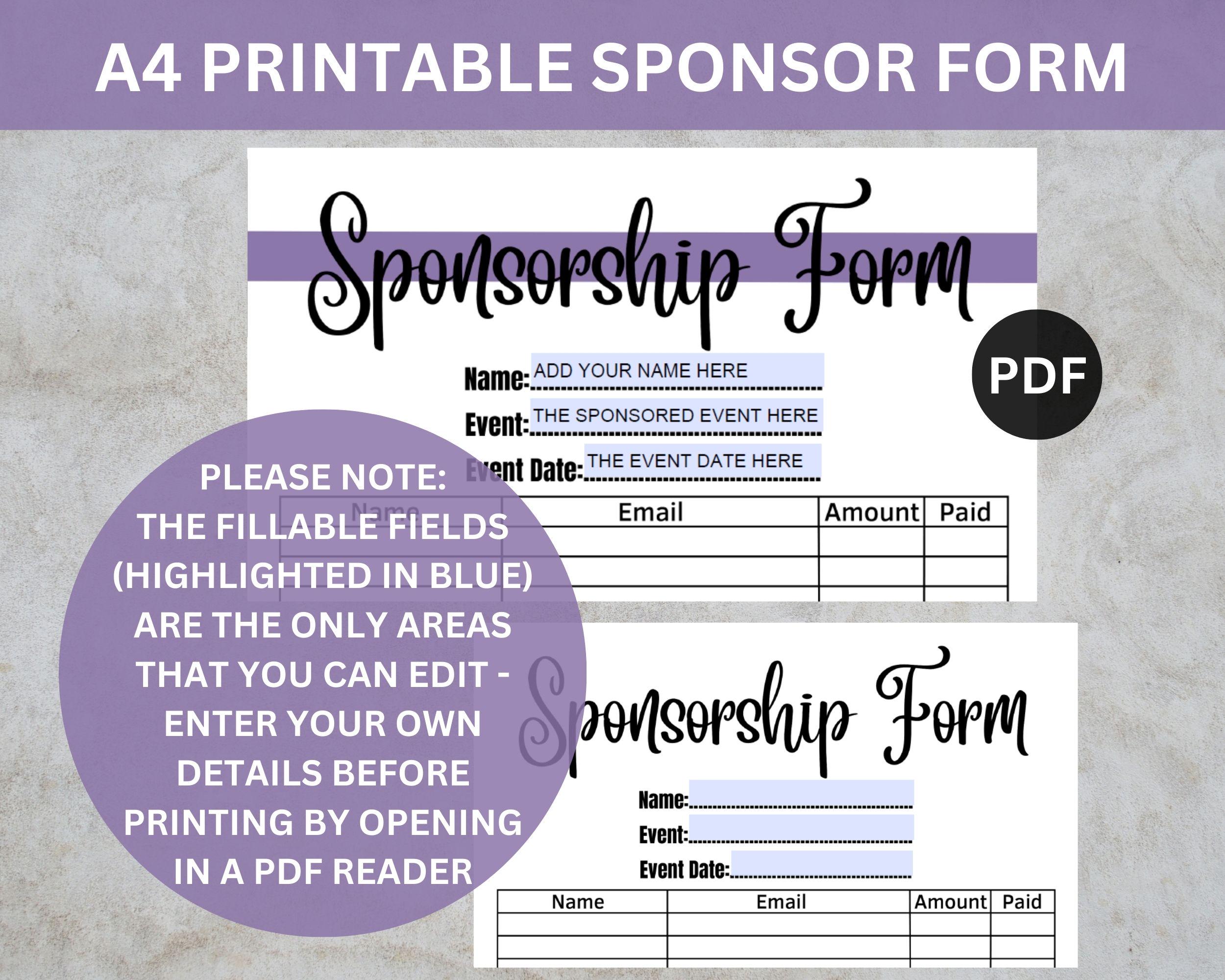 Charity Sponsorship Form, Printable Sponsorship Form, Fundraising ...