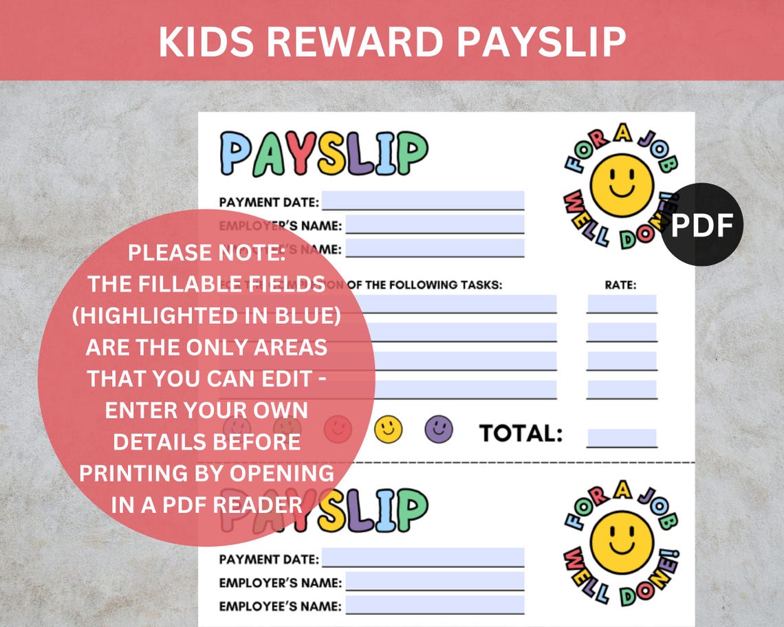 Editable Payslip for Kids, Printable Kids Paycheck, Kids Reward System ...