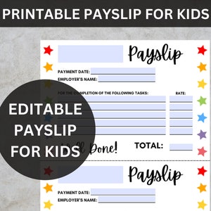 Editable Payslip for Kids, Printable Kids Paycheck, Chore Chart for Kid ...