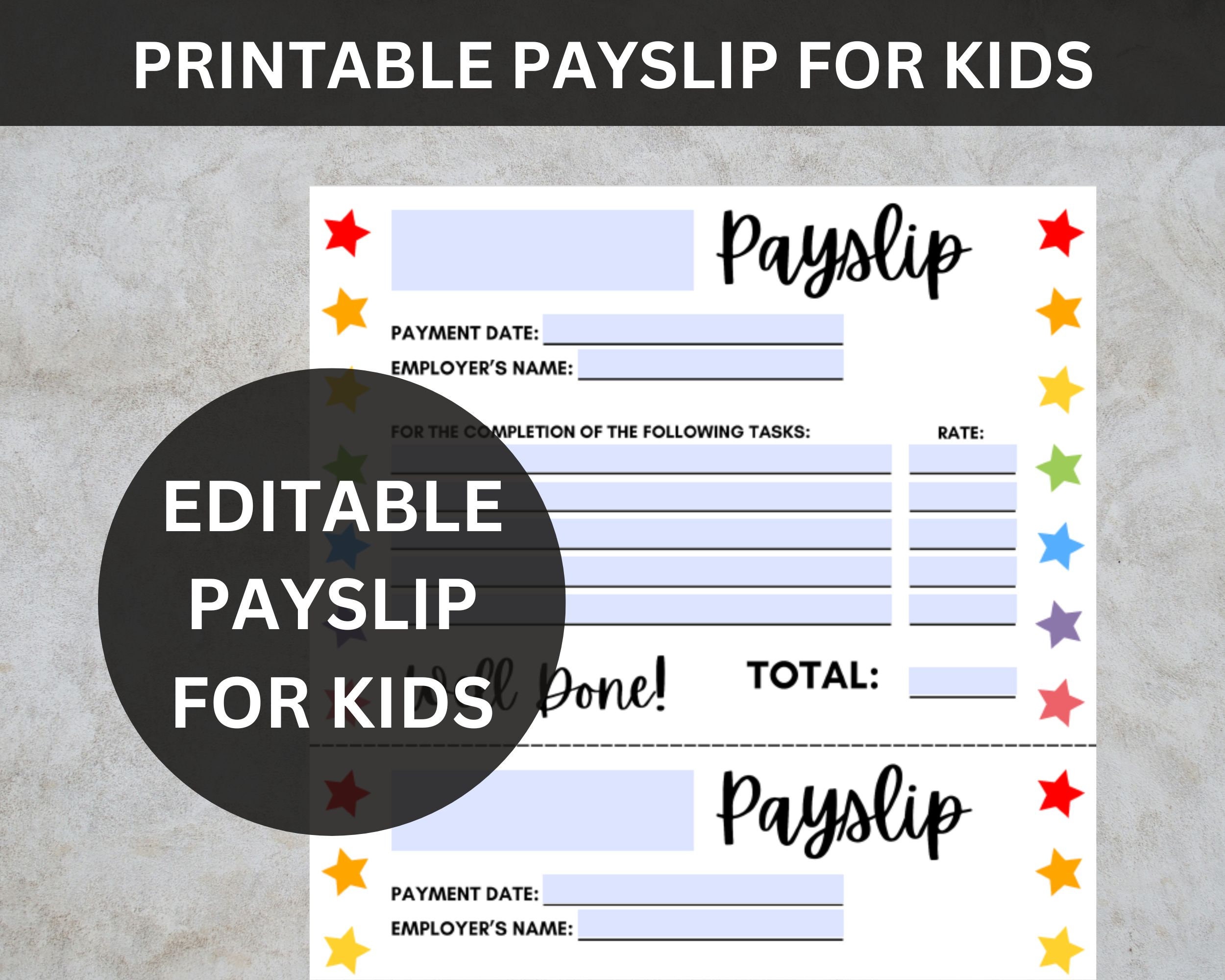 Editable Payslip for Kids, Printable Kids Paycheck, Chore Chart for Kid ...