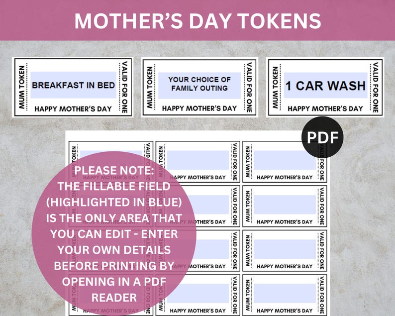 Editable Mother’s Day Tokens - Printable Treat Tickets for Mum - A4 PDF ...