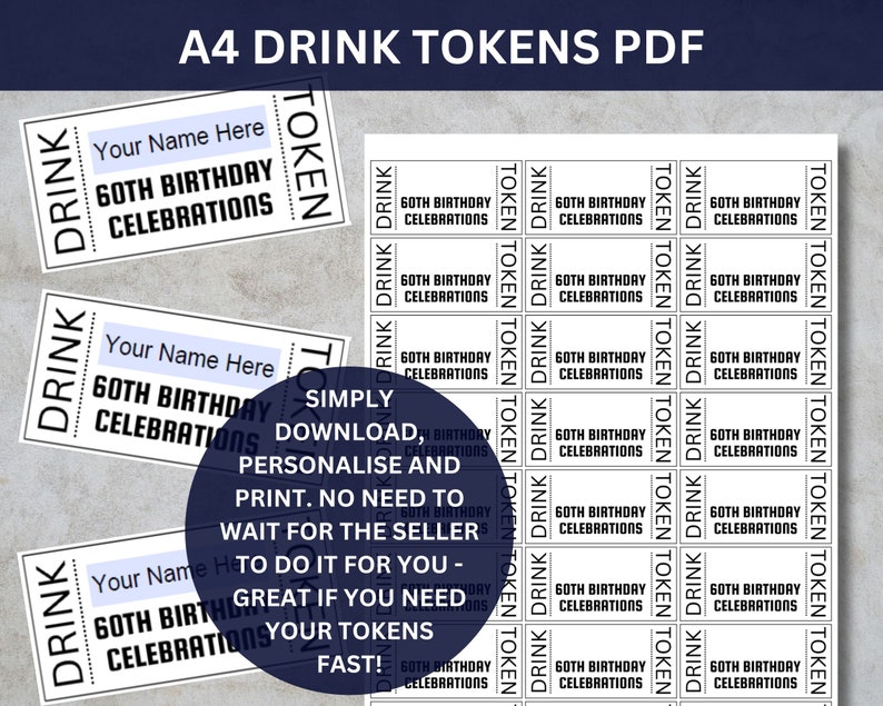 Editable 60th Birthday Drink Tokens, Printable Birthday Drink Tokens ...