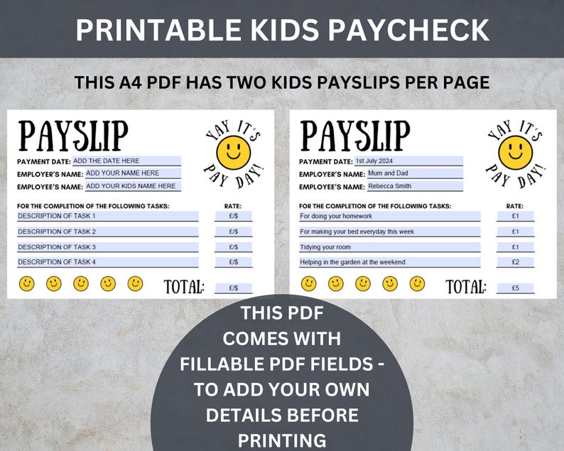 Editable Payslip for Kids, Printable Kids Paycheck, Kids Reward System ...