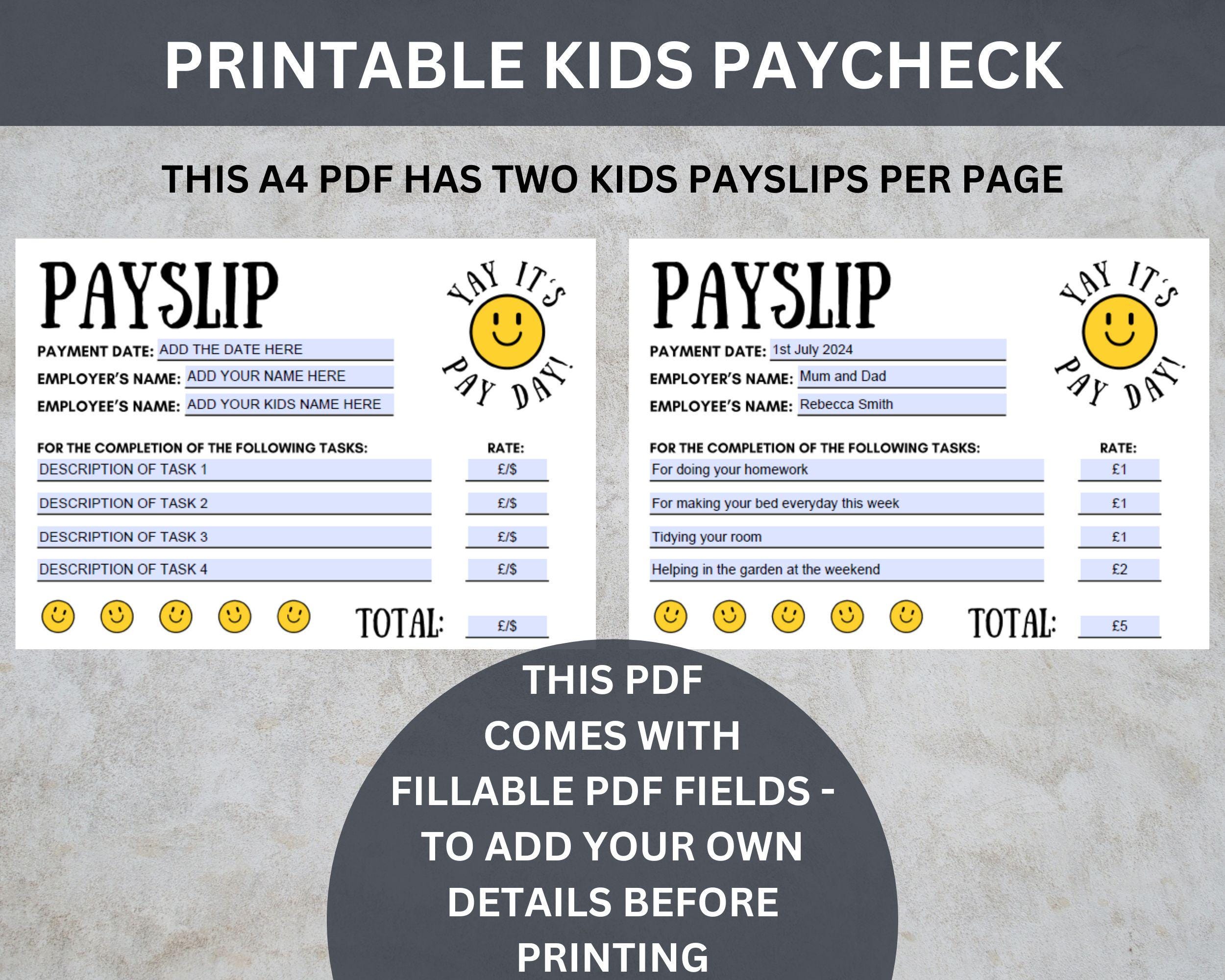 Editable Payslip for Kids, Printable Kids Paycheck, Kids Reward System ...