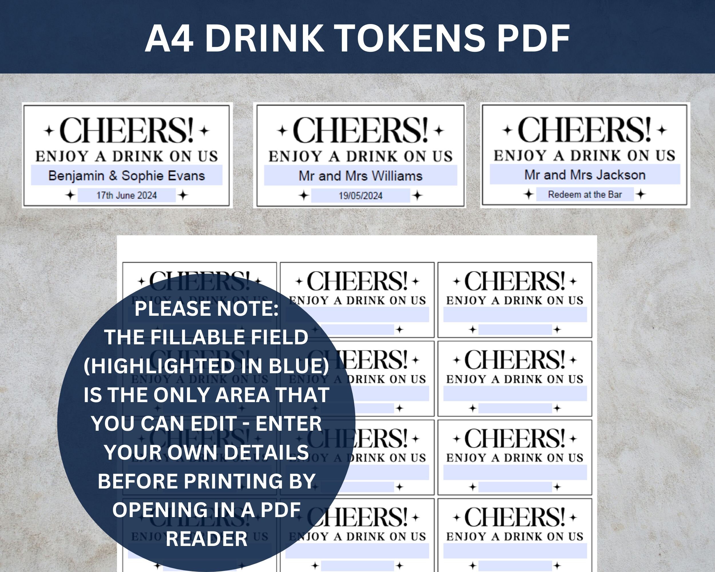 Editable Wedding Drink Tokens: Printable Bar Tickets (PDF) - Etsy