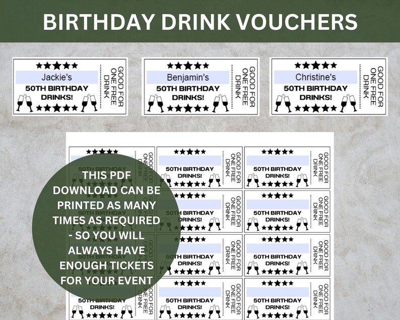 Editable 50th Birthday Drink Tokens, Printable Birthday Drink Tokens ...