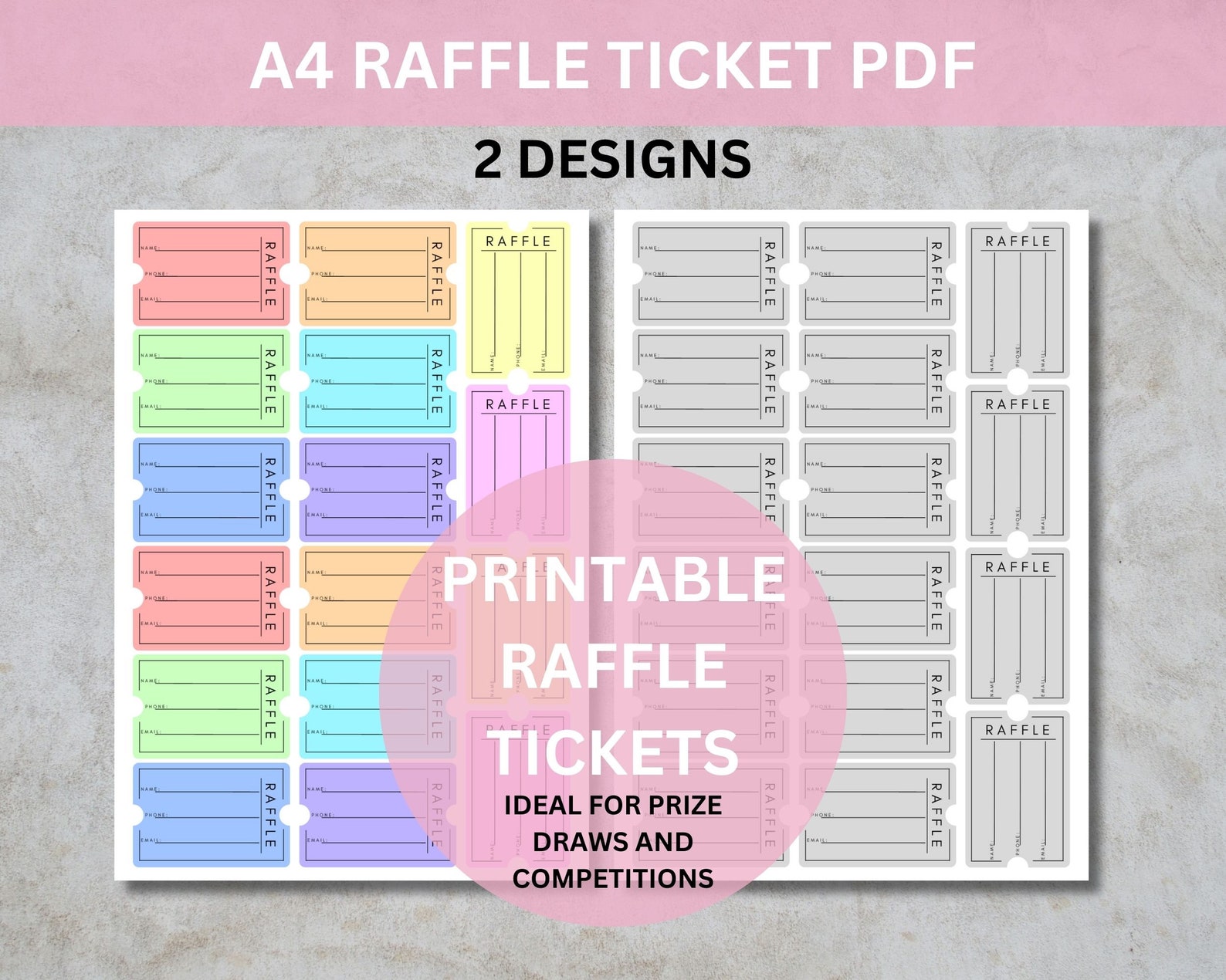 Raffle Ticket Sheet, Coloured Raffle Tickets, A4 Printable Raffle ...