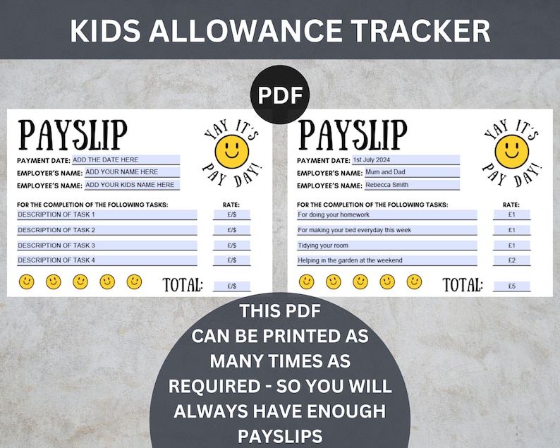 Editable Payslip for Kids, Printable Kids Paycheck, Kids Reward System ...
