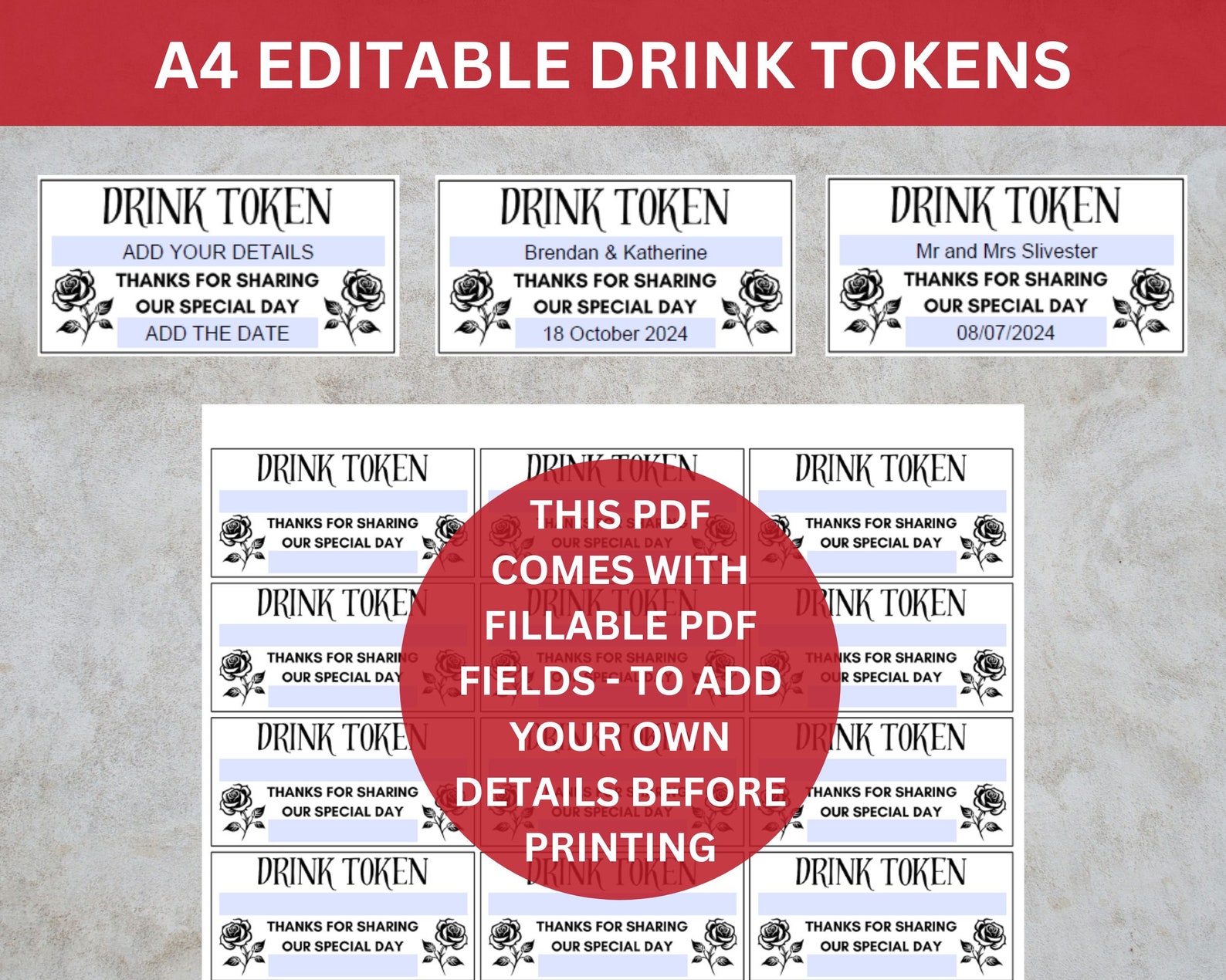 Editable Wedding Drink Tokens, Customisable Wedding Drink Token ...