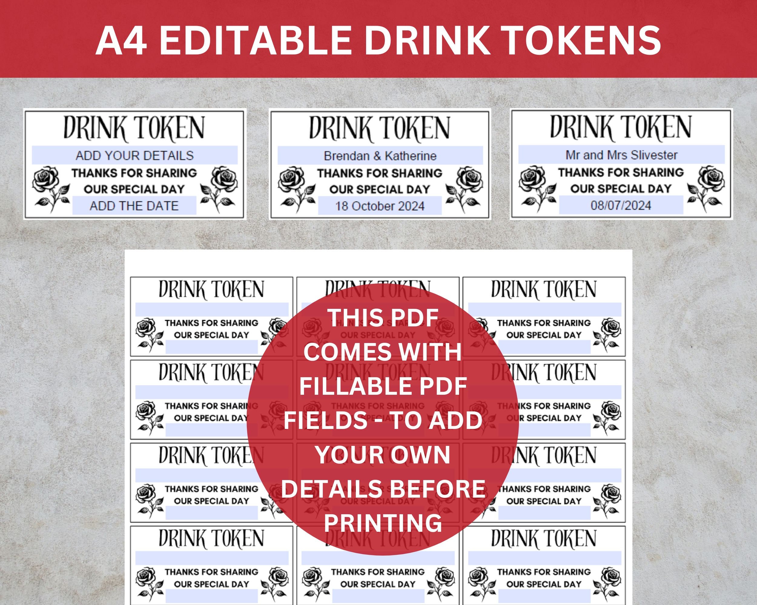Editable Wedding Drink Tokens, Customisable Wedding Drink Token ...