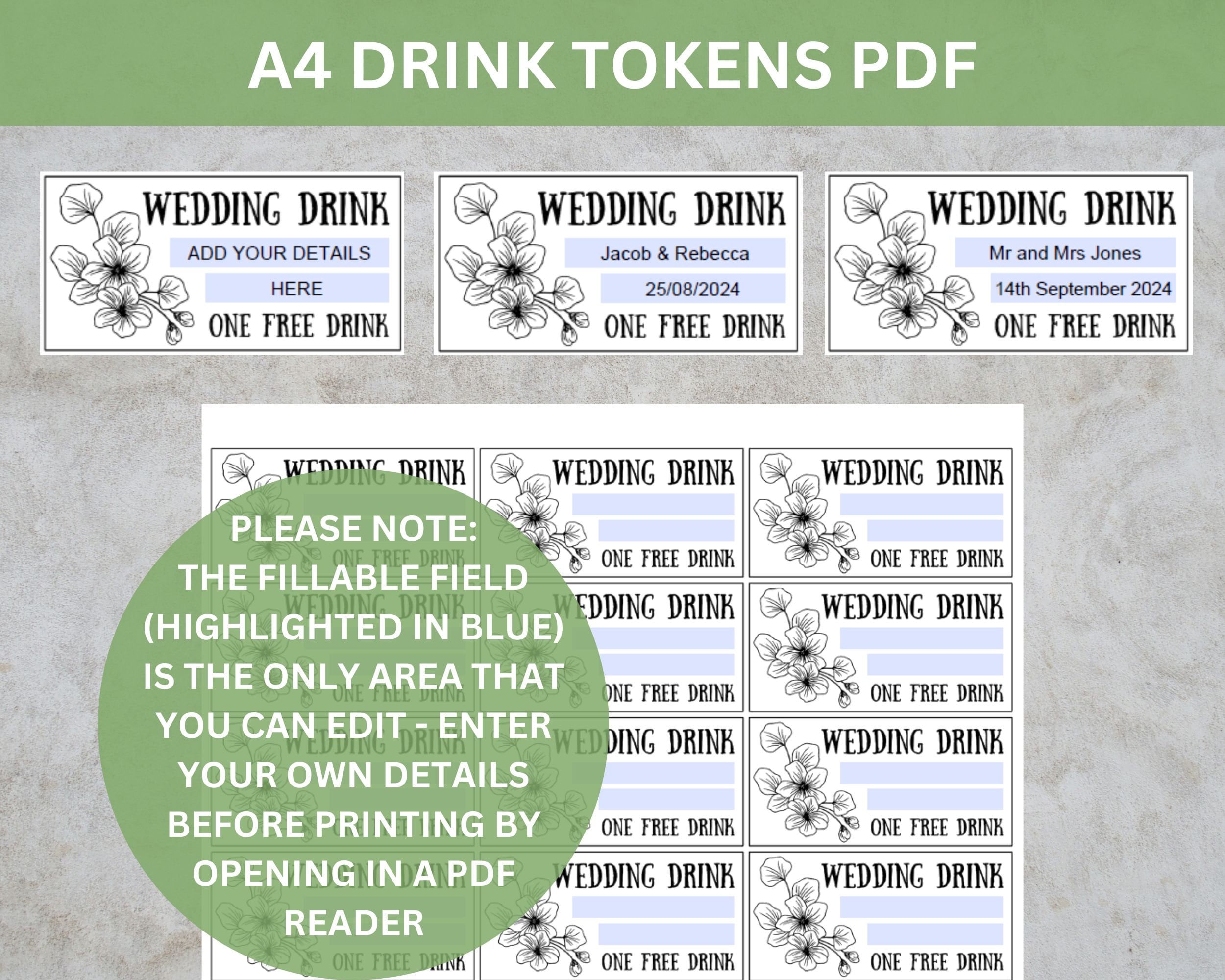 Editable Wedding Drink Tokens, Wedding Drink Ticket, Customisable ...