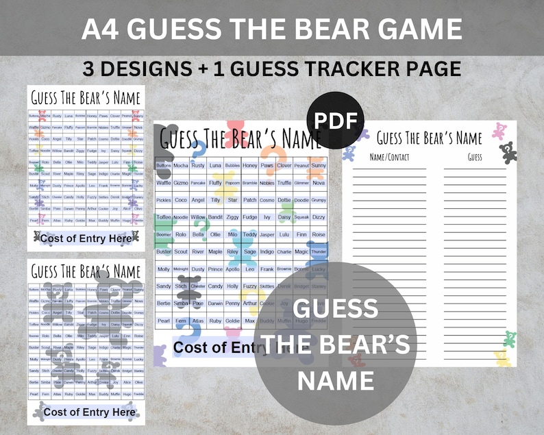 Charity Fundraising Game, Guess the Bear's Name, A4 Printable (PDF ...