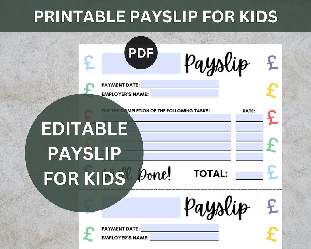 Editable Payslip for Kids, Printable Kids Pay Cheque, Chore Chart for ...