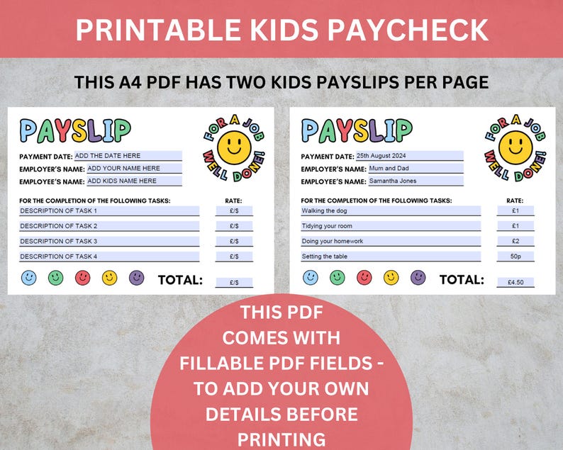 Editable Payslip for Kids, Printable Kids Paycheck, Kids Reward System ...